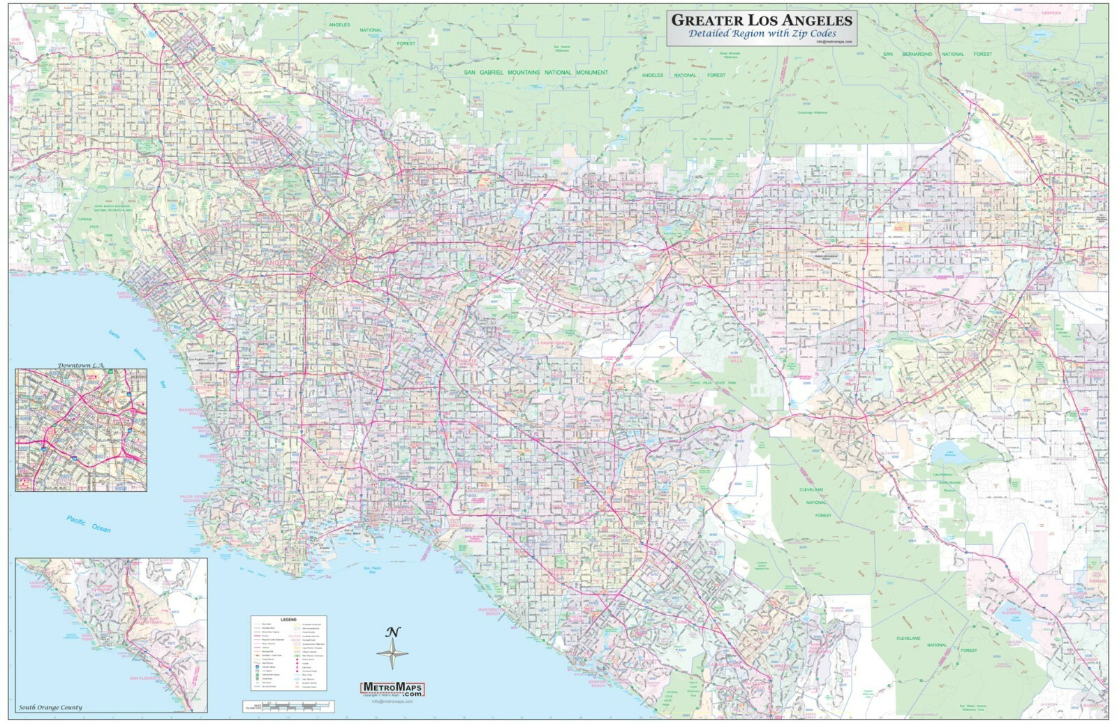 Greater Los Angeles Detailed Region Wall Map with Zip Codes (MTM) | eBay