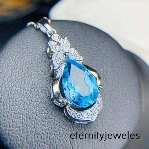 3CT Pear Shape Lab-Created Blue Topaz Solitaire Pendant 14K White Gold ...