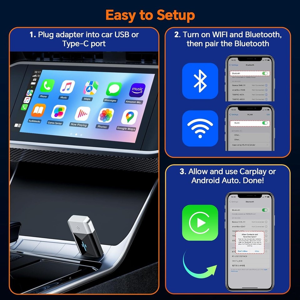 2 in 1 5Ghz WiFi USB Type-C Wireless Android Auto Adapter Apple CarPlay ...