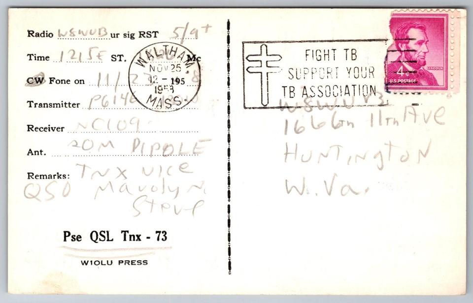 Vintage WIJZJ QSL Radio Confirmation Postcard Chelsea Massachusetts ...