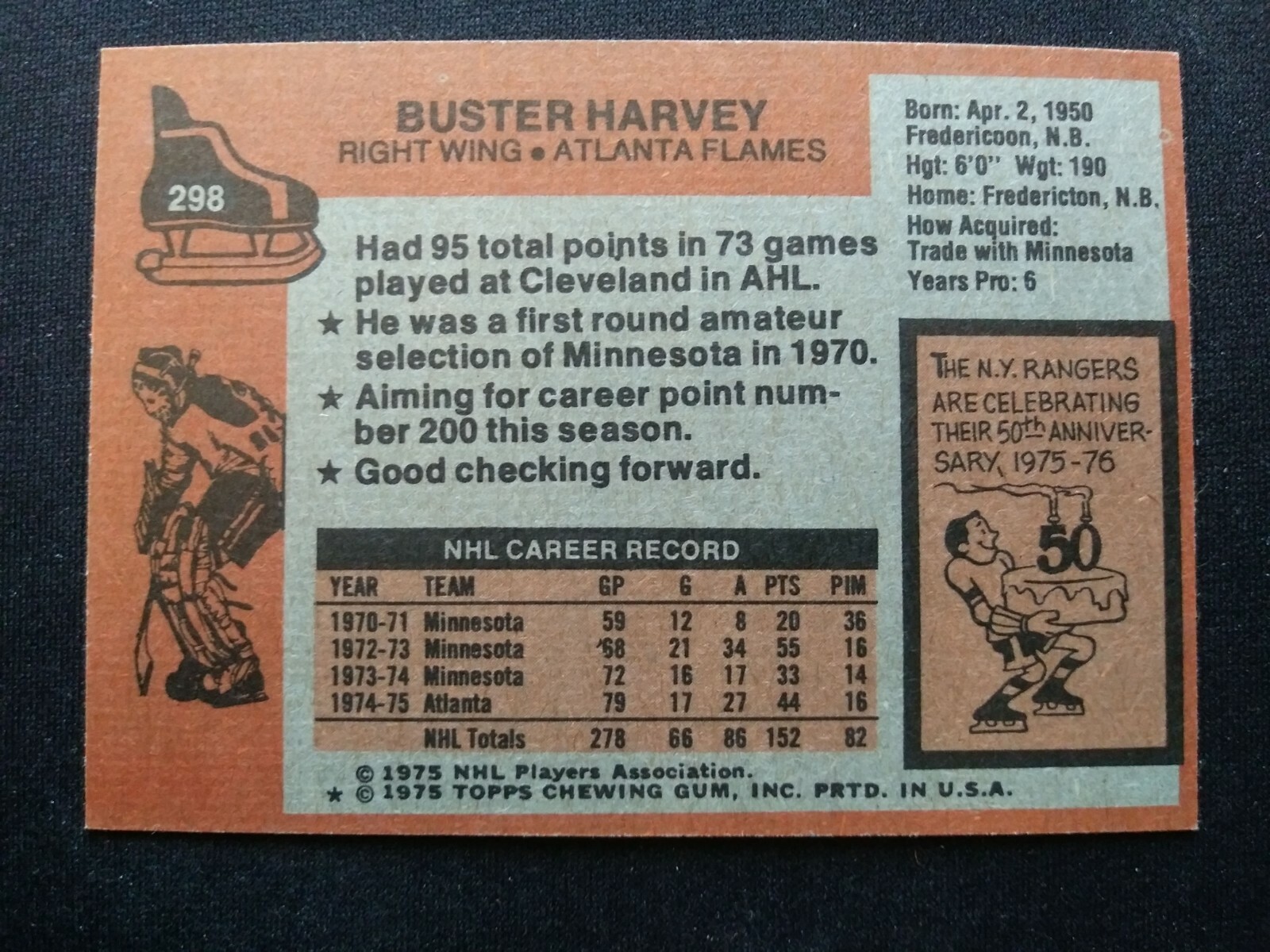 1975-76 Topps Hockey Card # 298 Fred "Buster" Harvey - Atlanta Flames ...