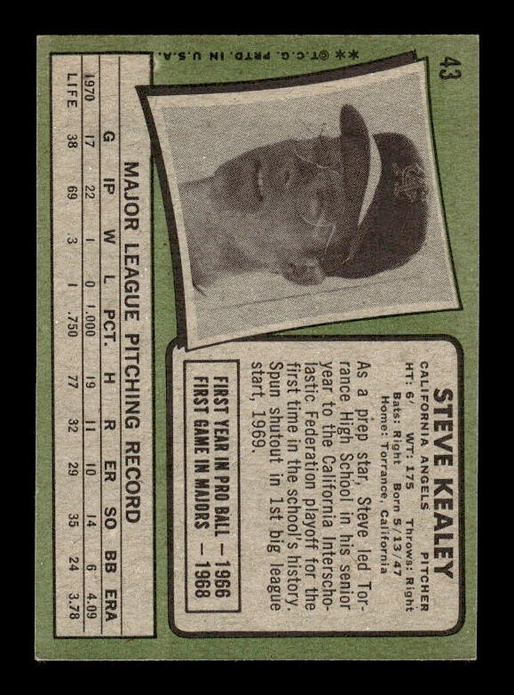 STEVE KEALEY SIGNED 1971 TOPPS BASEBALL #43 CALIFORNIA ANGELS ON-CARD ...