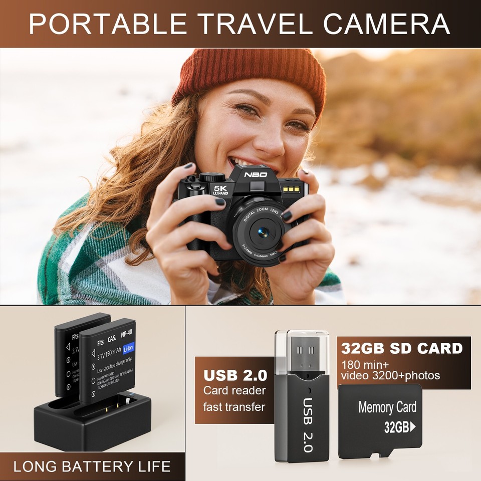 Digital Camera 5K 48MP 16X 180° Flip Screen with 2 Batteries for ...