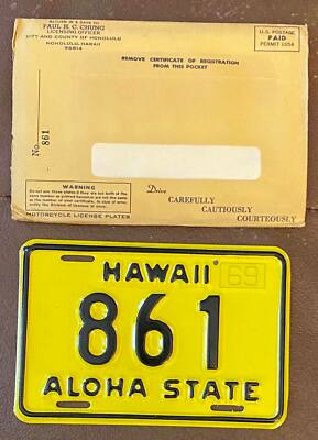 Hawaii 1969 THREE DIGIT MOTORCYCLE License Plate & ENVELOPE SUPERB ...