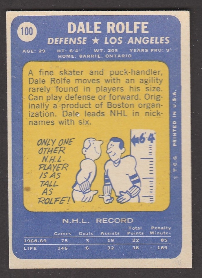 1969-70 TOPPS # 100 DALE ROLFE INV J4889 | eBay