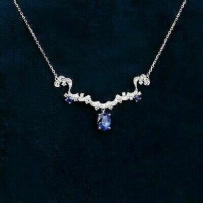 3Ct Oval Cut Sapphire/Diamond Tanmania Necklace 14K White Gold Finish ...