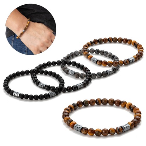 Natural Tiger Eye Stone Men's Beaded Cuff Charm Bangle Bracelet Fashion ...