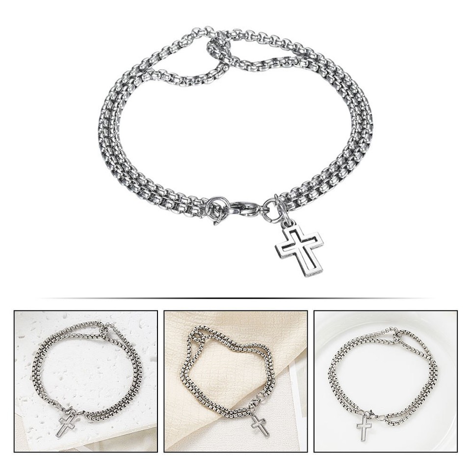 Stylish Cross Pendant Bracelet for Men Double Layer Stainless Steel ...