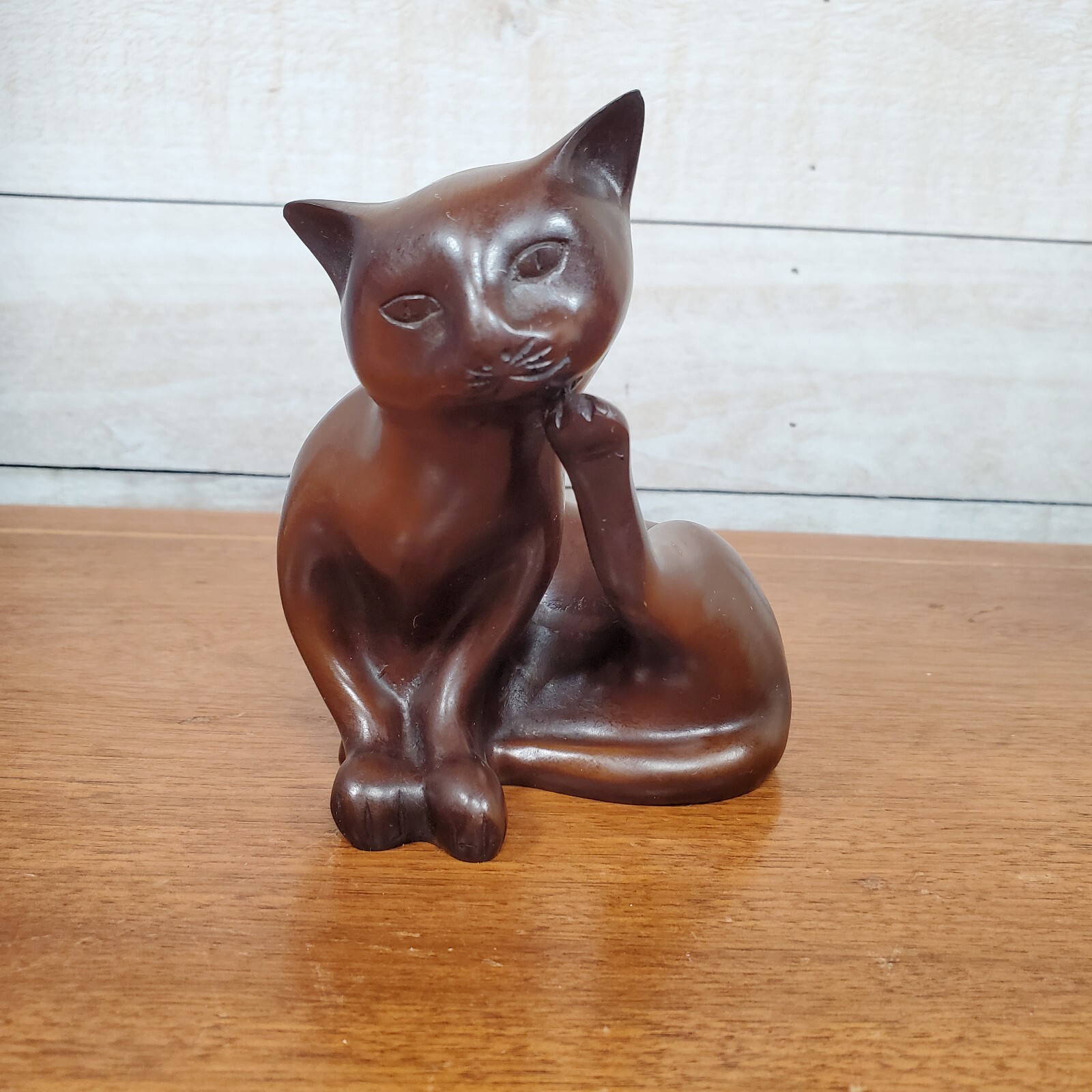 Sitting Scratching Brown Cat Figurine Smooth Faux Ironwood Heavy Resin ...