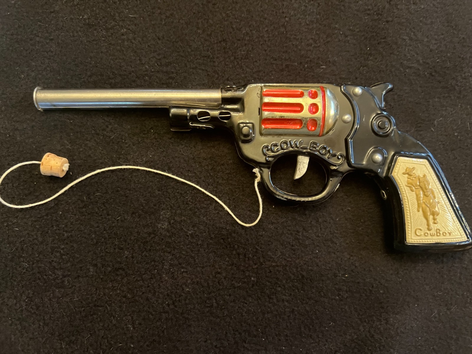 Vintage NOS TIN LITHO Cowboy Pop Cork & Sparking Gun JAPAN Western Toy ...