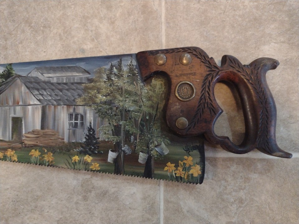 Antique DISSTON & Sons hand saw - painted w barn scene signed by artist ...