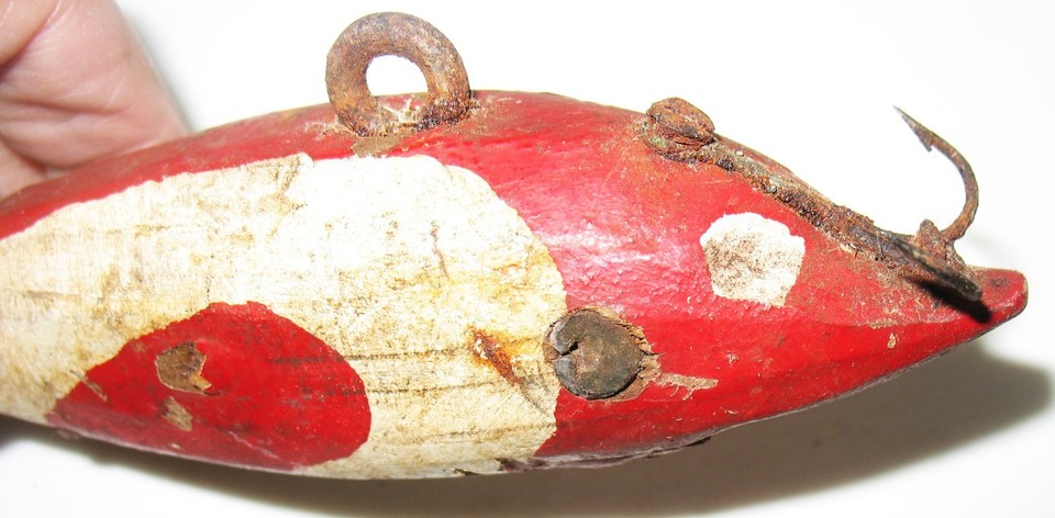 Antique Weighted Red and White Wooden Ice Fishing Decoy with Cheater ...