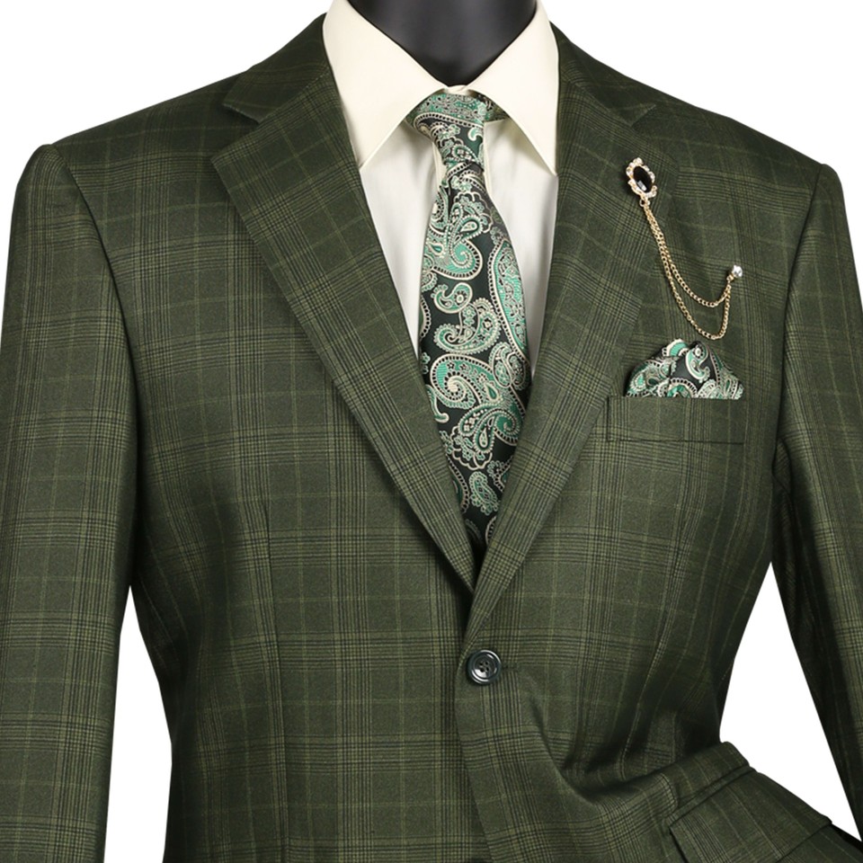 BIG & TALL Men's Olive Green Glen Plaid 3 Piece 2 Button Classic Fit ...