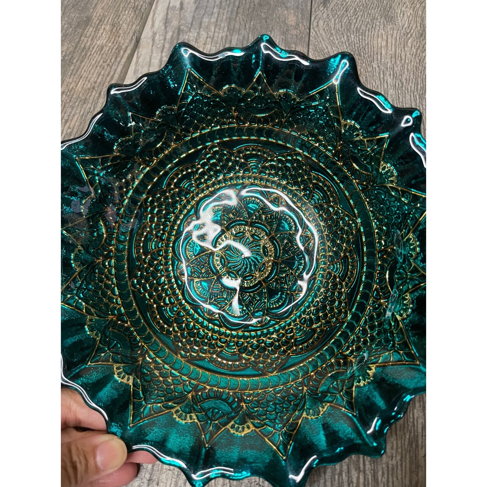 EFE Scalloped Decorative Turkish Glass Bowl - Hand Made Green Gold ...