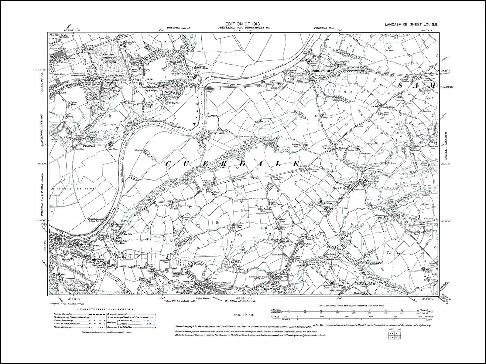 Old map of Preston (SE), Samlesbury, Lancashire 1913: 61SE repro | eBay UK