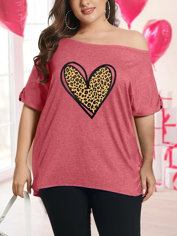 Plus Size Love Heart Leopard Graphic Valentine's Day Shirts Women Short ...