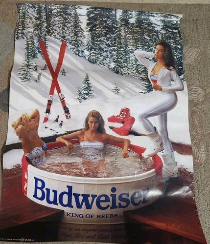 VINTAGE 1989 Budweiser Beer Poster SEXY GIRLS in Hot Tub & SKIING Snow 20x28" | eBay