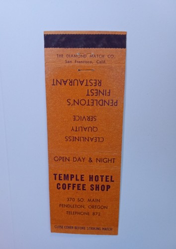 Temple Hotel Coffee Shop Pendleton OR Matchbook Cover | eBay