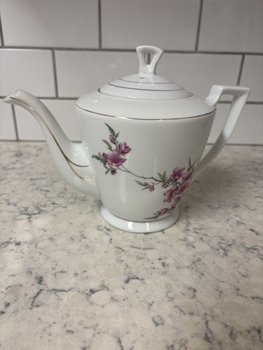 Vintage White porcelain teapot with pink floral decals and gold trim ...