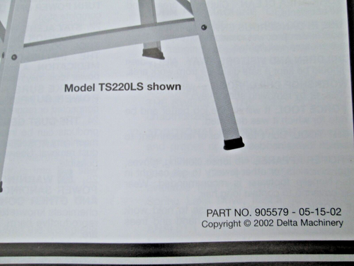 Delta Shopmaster 10" Table Saw Instruction Manual w/Parts List TS220 ...