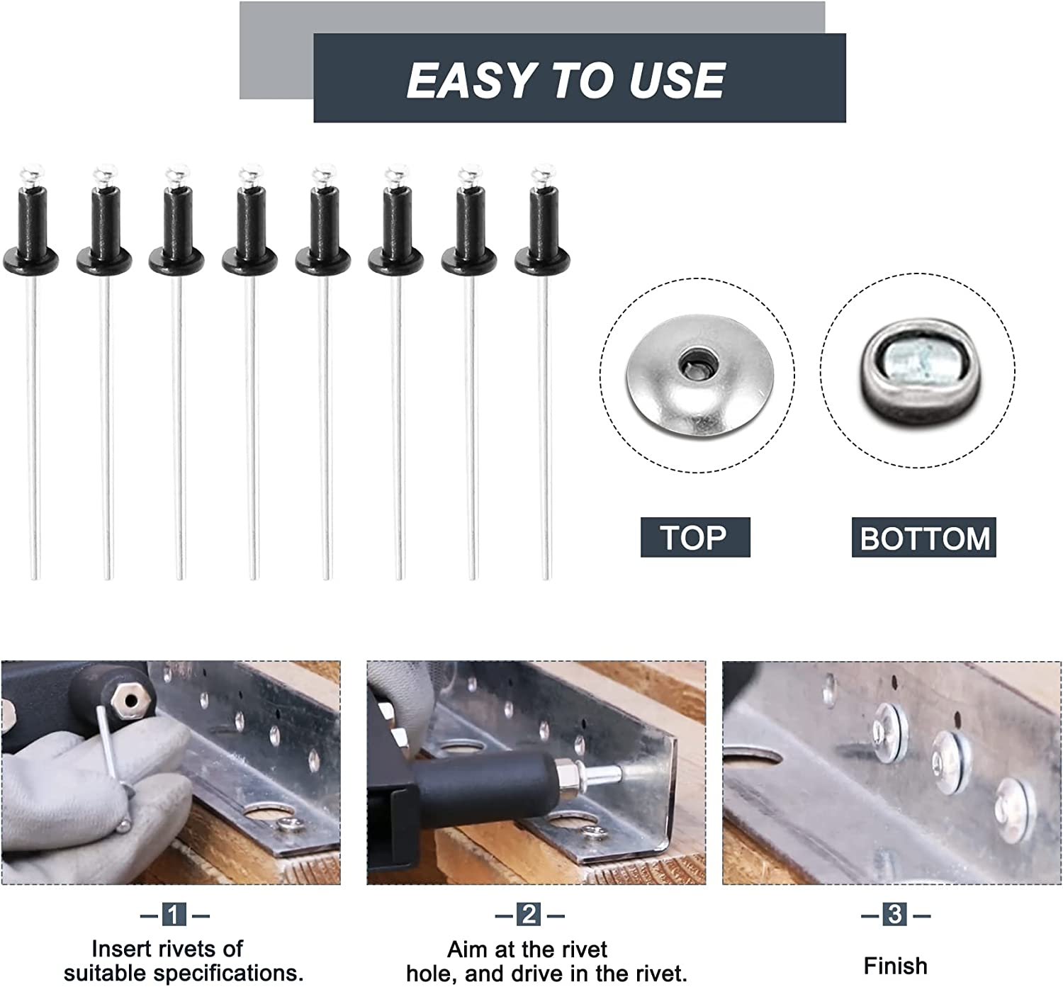 3/32 x 1/4 Black Pop Rivets Assortment - 100Pcs Aluminum Rivets Metal ...