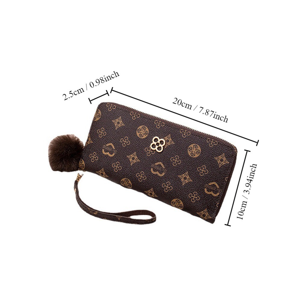 Fluffy Ball and Printed Decoration Women Long Wallet Long Clutch Bag ...