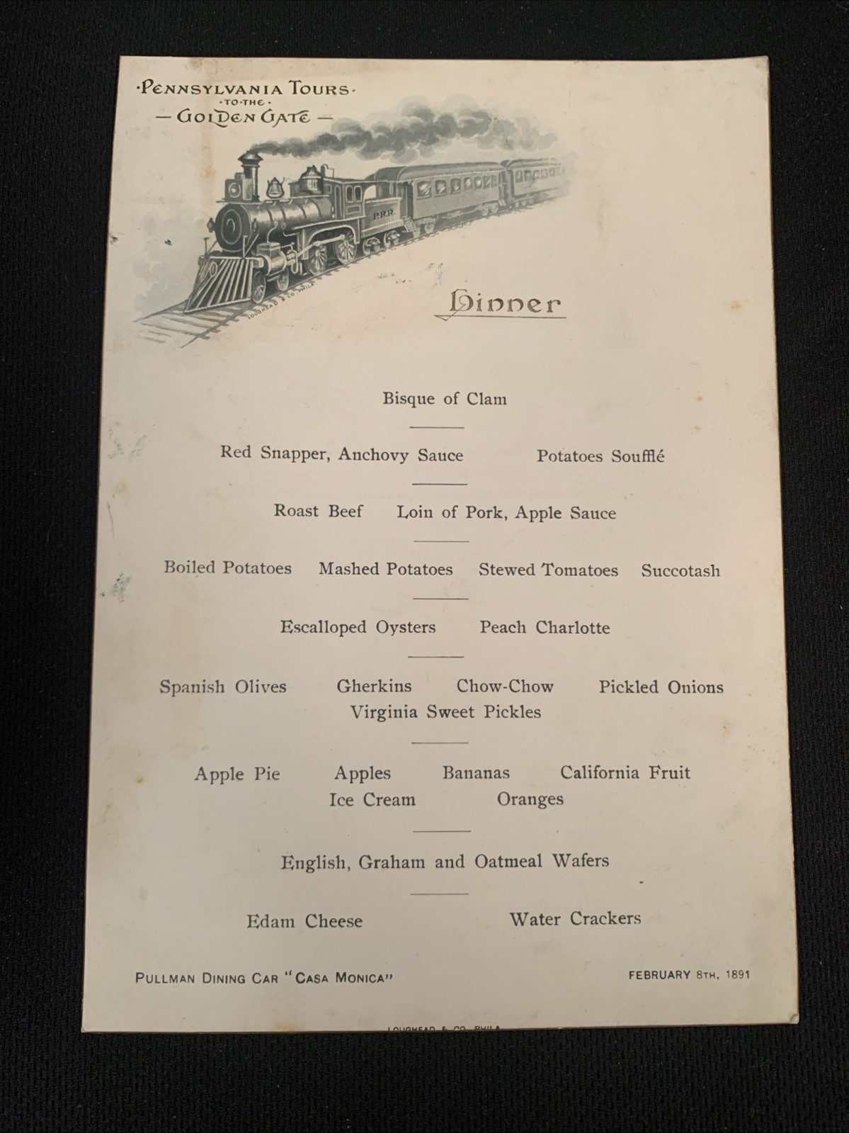 Rare 1891 Pennsylvania Tour Golden Gate Bridge Railroad Menu Pullman ...
