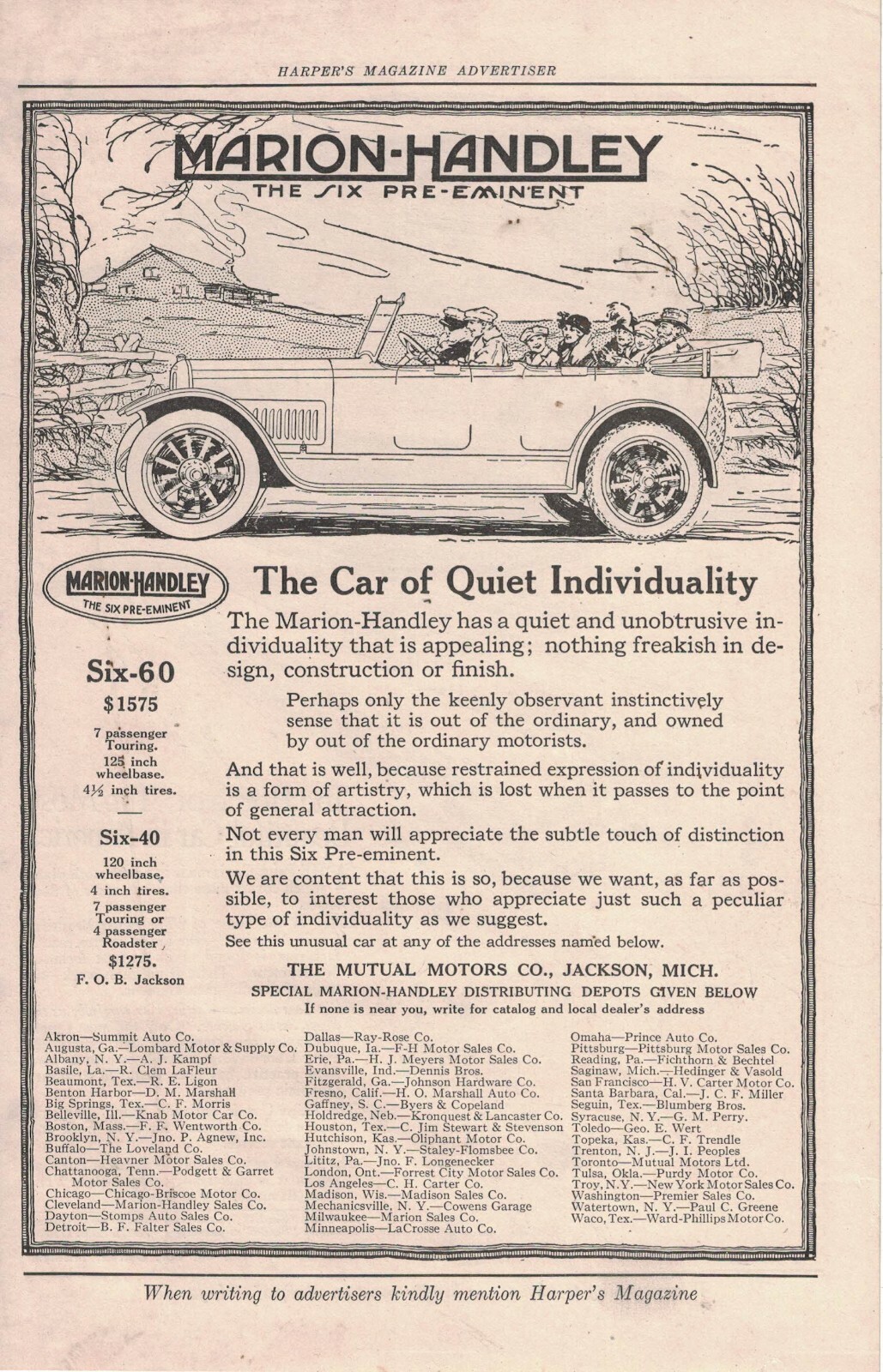 1917 Marion - Handley 7 passenger Touring original ad from Harper's ...