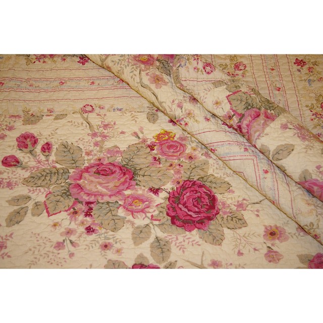 ANTIQUE ROSE Full Queen 3pc QUILT SET CHIC CREAM SHABBY VINTAGE COTTAGE ...