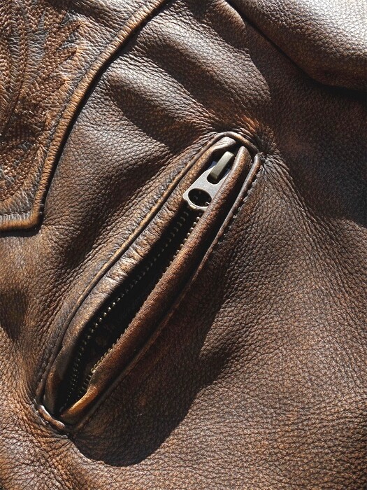 Mens Vintage Style Tea-core Cowhide Leather Jacket Embroidery Washed ...