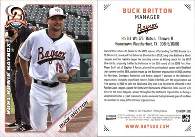 Buck Britton 2021 Choice Bowie Baysox #32 RC Card FREE SHIP ...