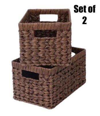 Set of 2 Pcs Water Hyacinth Rattan Wicker Storage Brown Rectangular ...