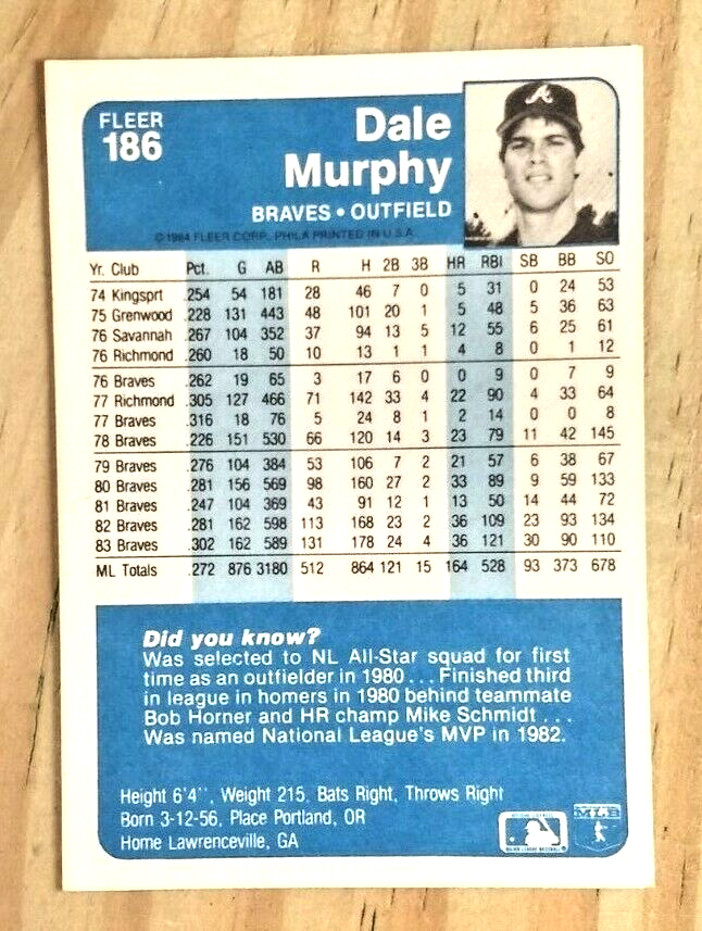 1984 FLEER DALE MURPHY CARD#186 ATLANTA BRAVES PHILADELPHIA PHILLIES ...