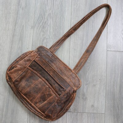 Rustic Look Handbag Women L Brown Distressed Faux Leather Multi Section ...