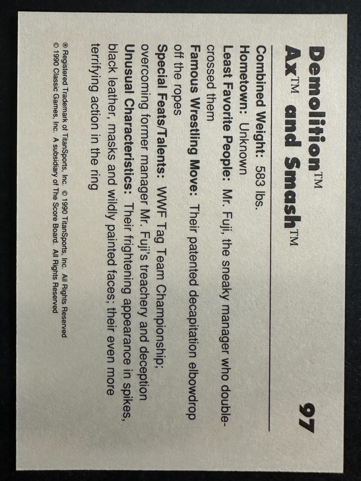 Smash Demolition 1990 Classic Wrestling Card WWF Titan Sports #97 | eBay