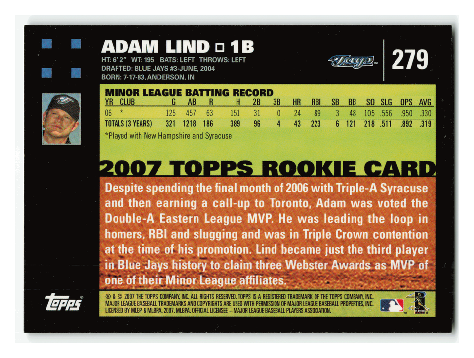 Adam Lind RC 2007 Topps #279 Rookie Toronto Blue Jays Mint | eBay