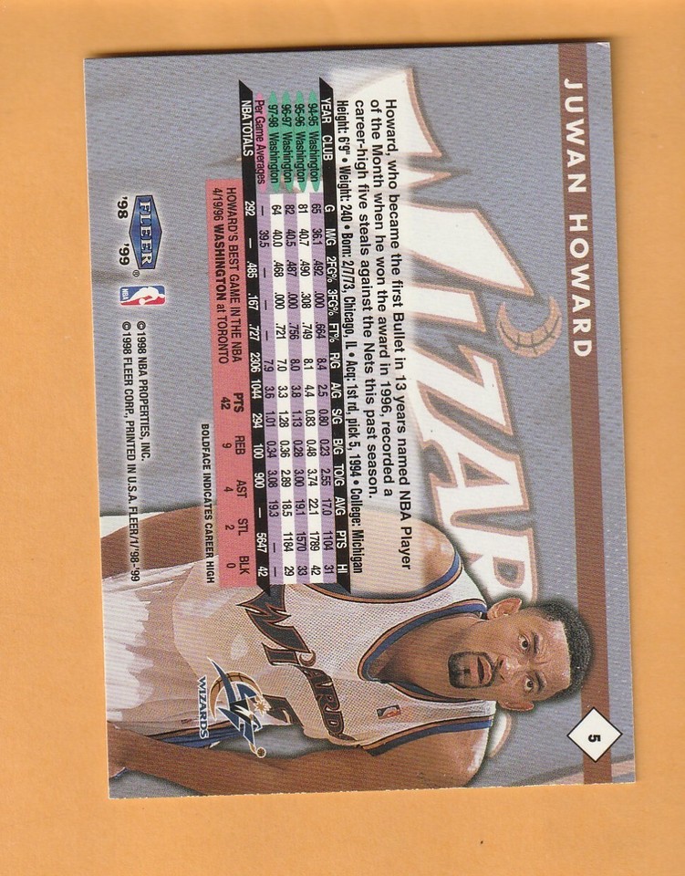Juwan Howard Washington Wizards 1998-99 Fleer #5 Michigan Wolverines 7W ...