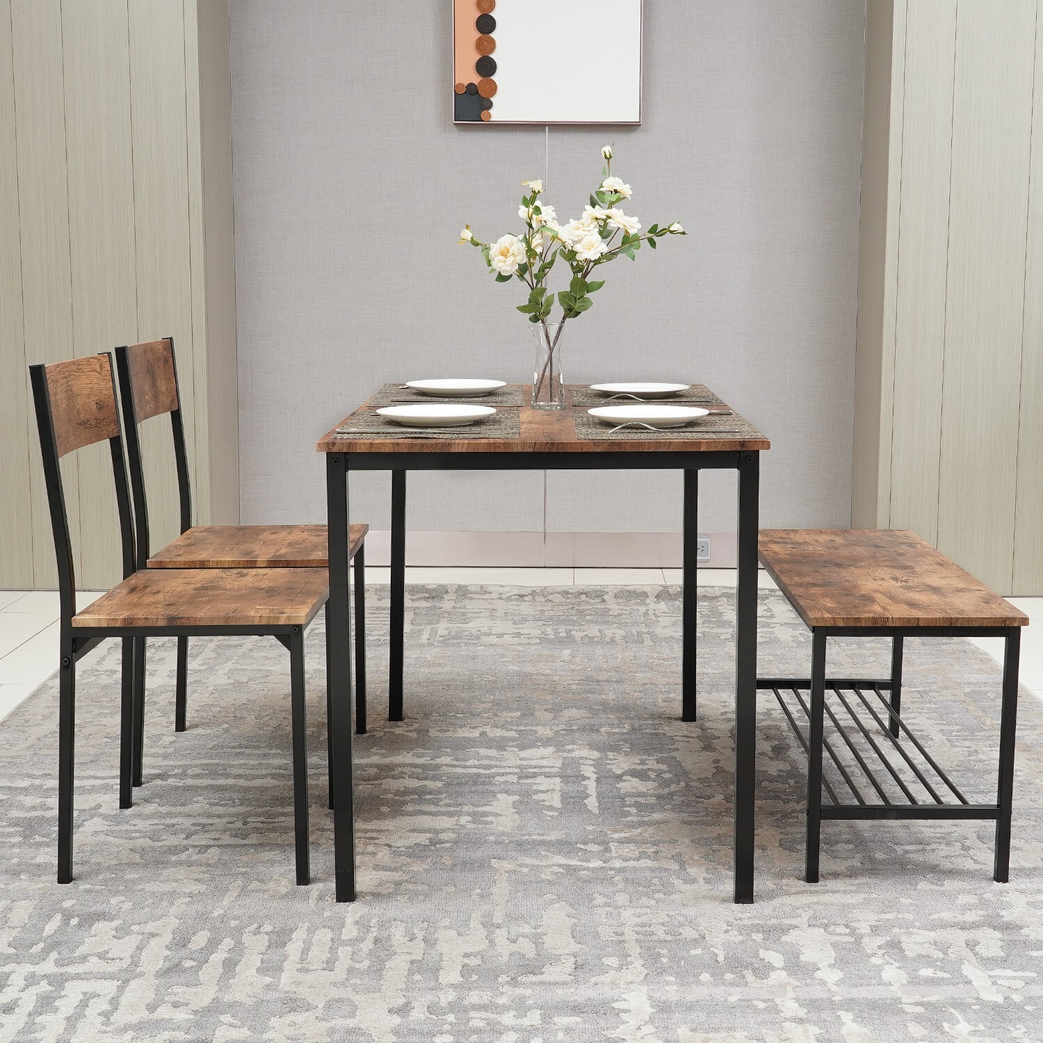 Modern Dining Table and Chairs Set 2xChairs 1xBench Metal Frame Kitchen ...
