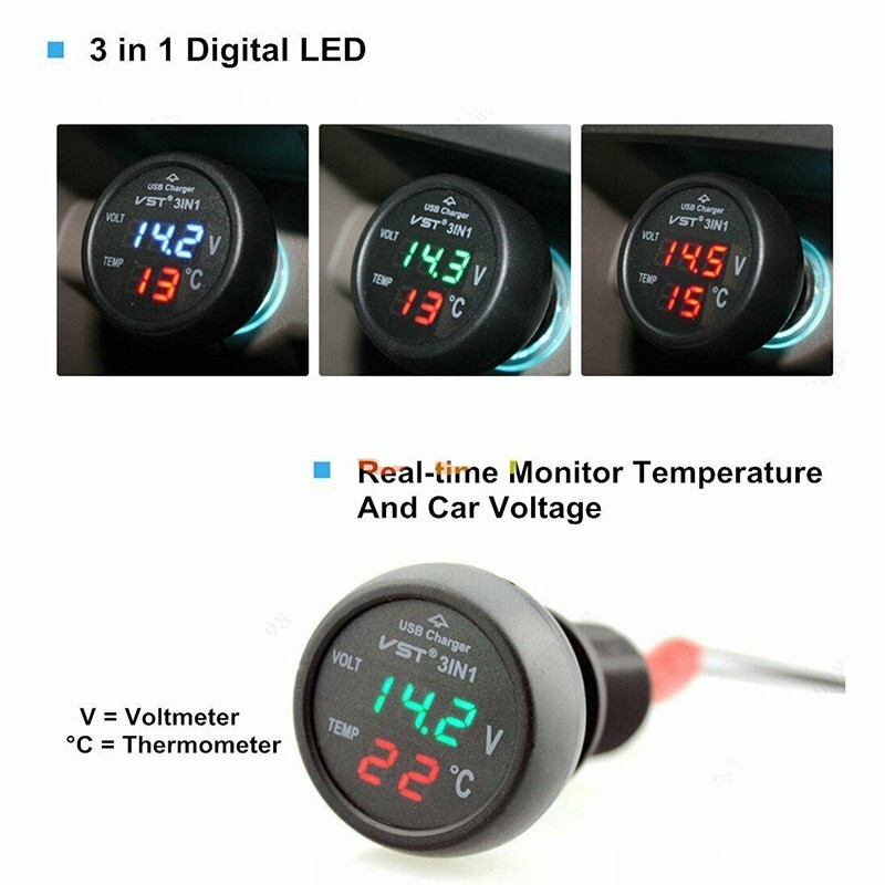 12V Cigarette Thermometer Power Digital Lighter USB Charger Socket ...