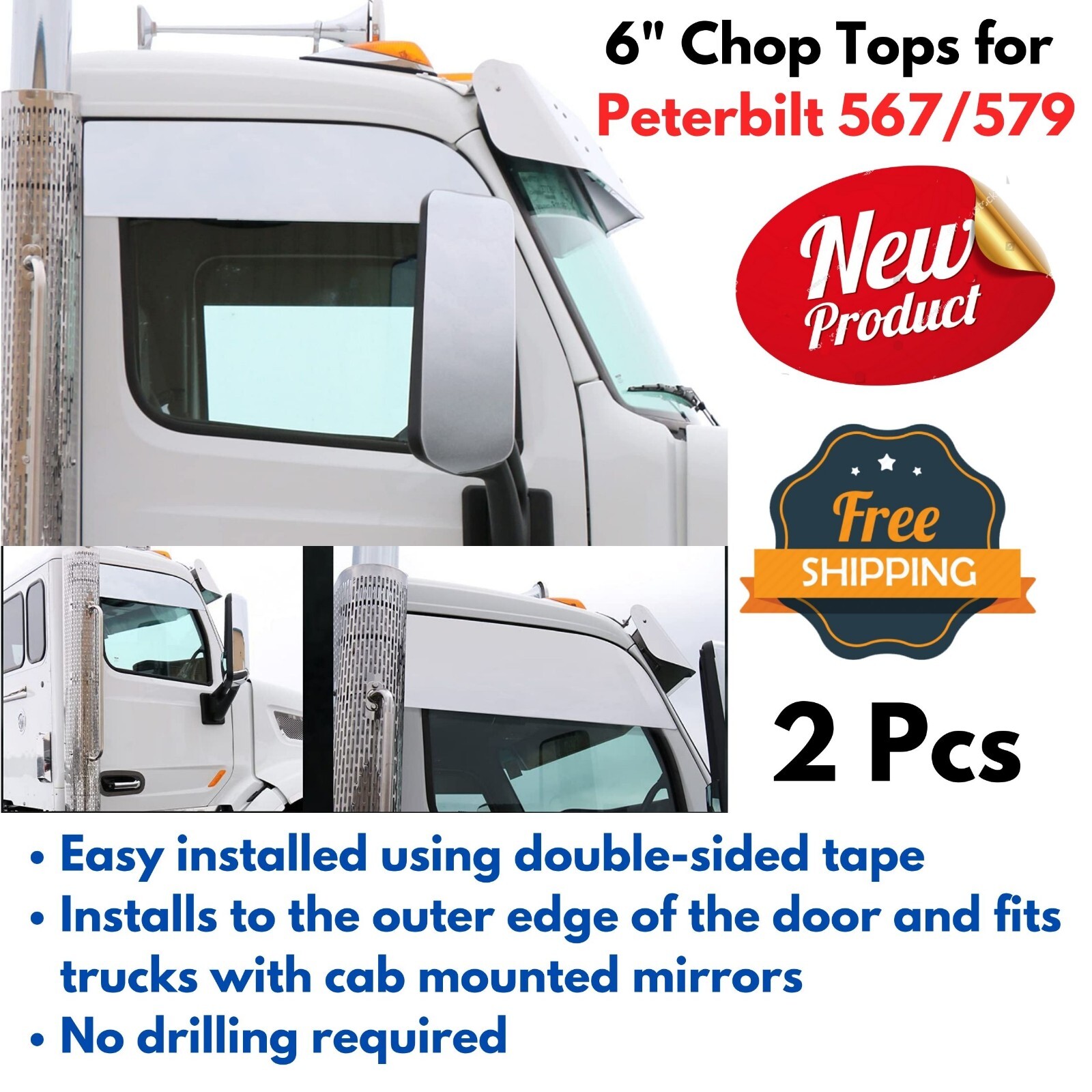 Pair 6" Stainless Steel Chop Tops Window Frame Mount for Peterbilt 567/ ...