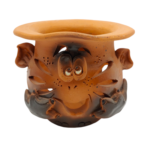 Handmade Pottery Funny Ugly Face Candle Holder - 5" Brown Terracotta ...