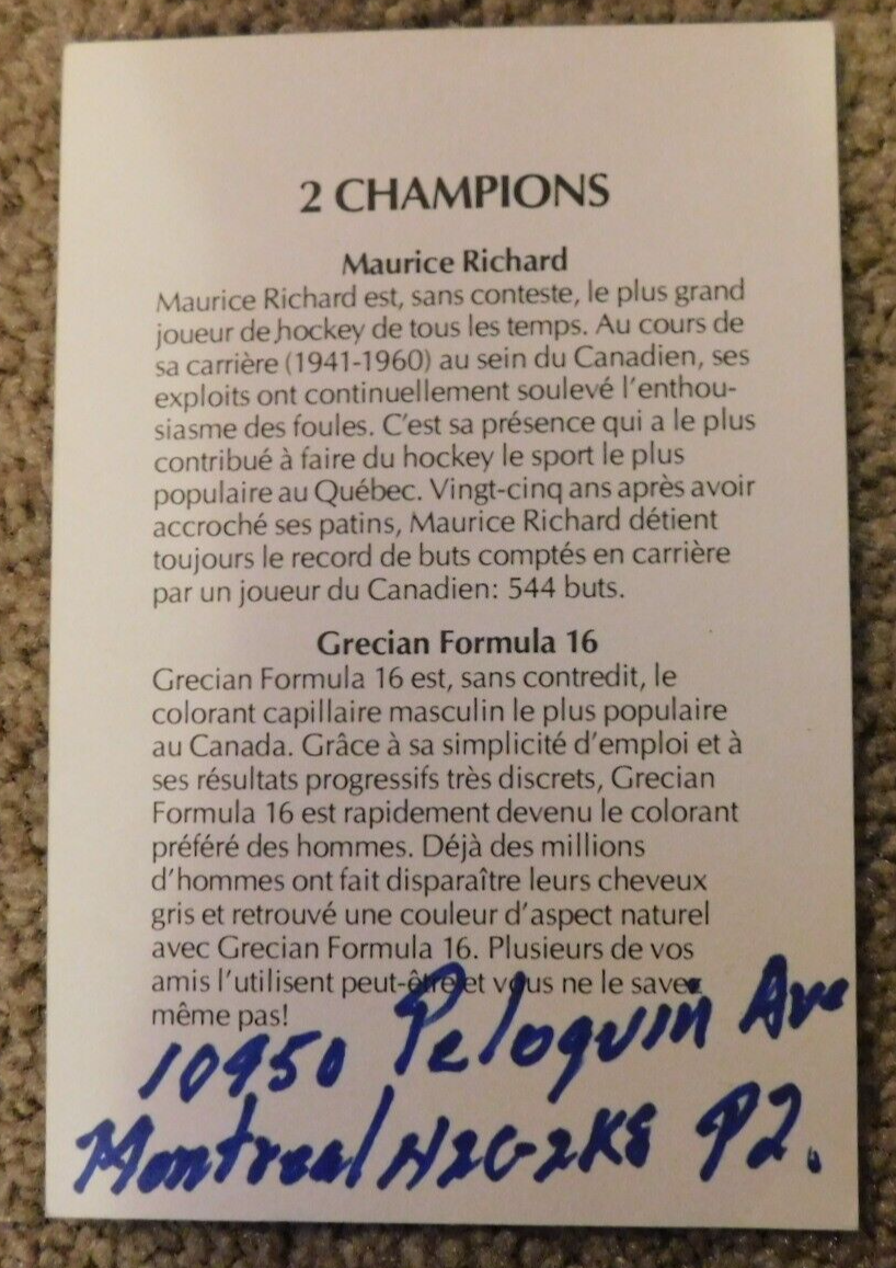 MAURICE ROCKET RICHARD SIGNED GRECIAN Formula CARD Autograph See Pics ...