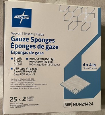 Box Medline Woven Gauze Sponges, Sterile, 12-Ply, 4 x 4 Inch (25X2 ...