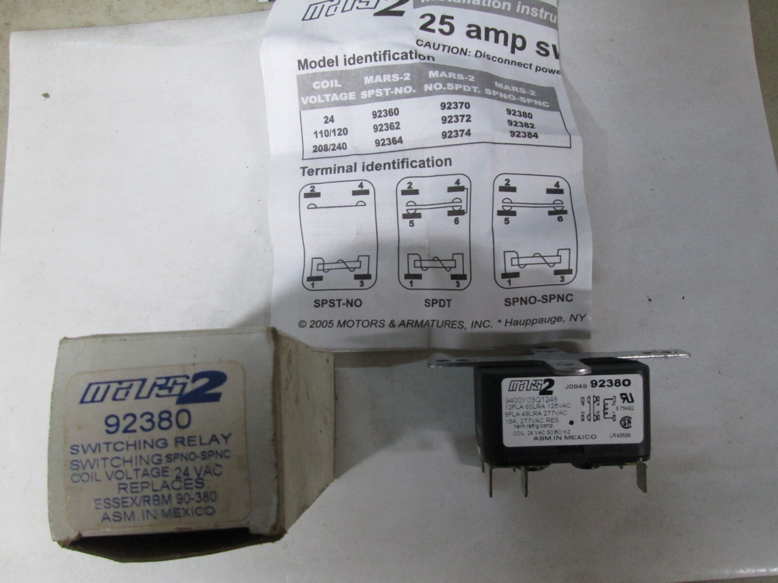 MARS 92380 Heavy Duty Switching Relay 24 VAC Replaces 90-380 90-380Q ...
