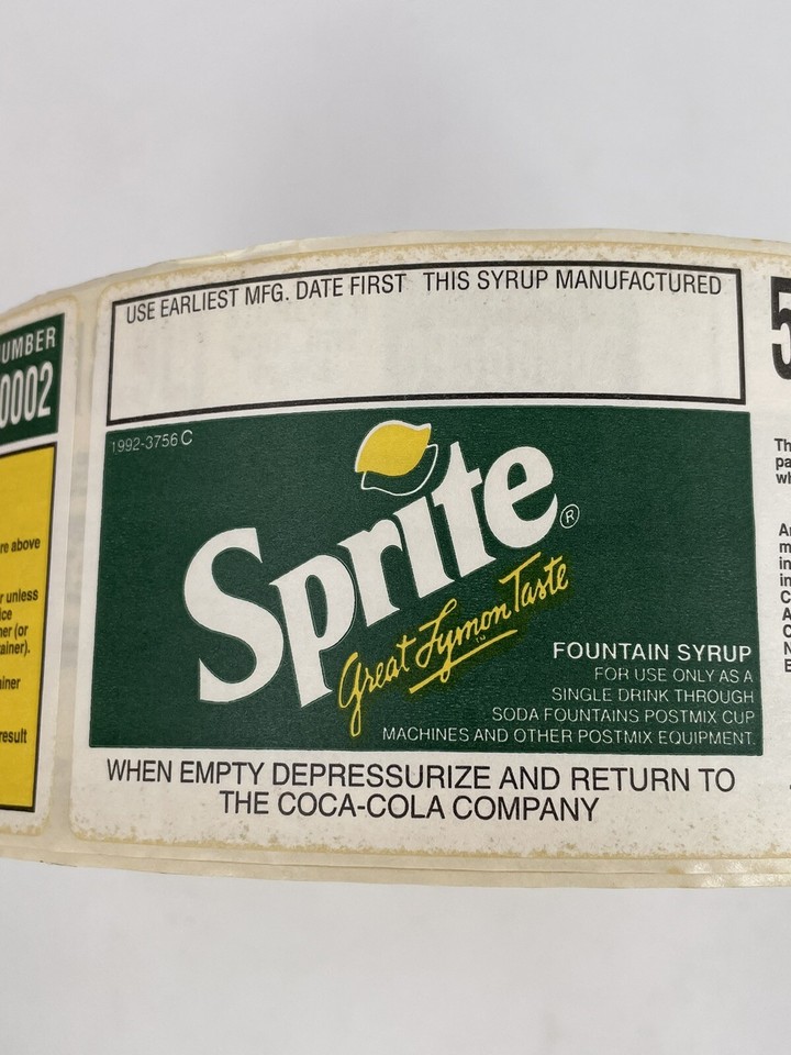 Sprite 5 Gal Fountain Syrup Paper Sticker Label Roll RARE '92 Coca-Cola ...