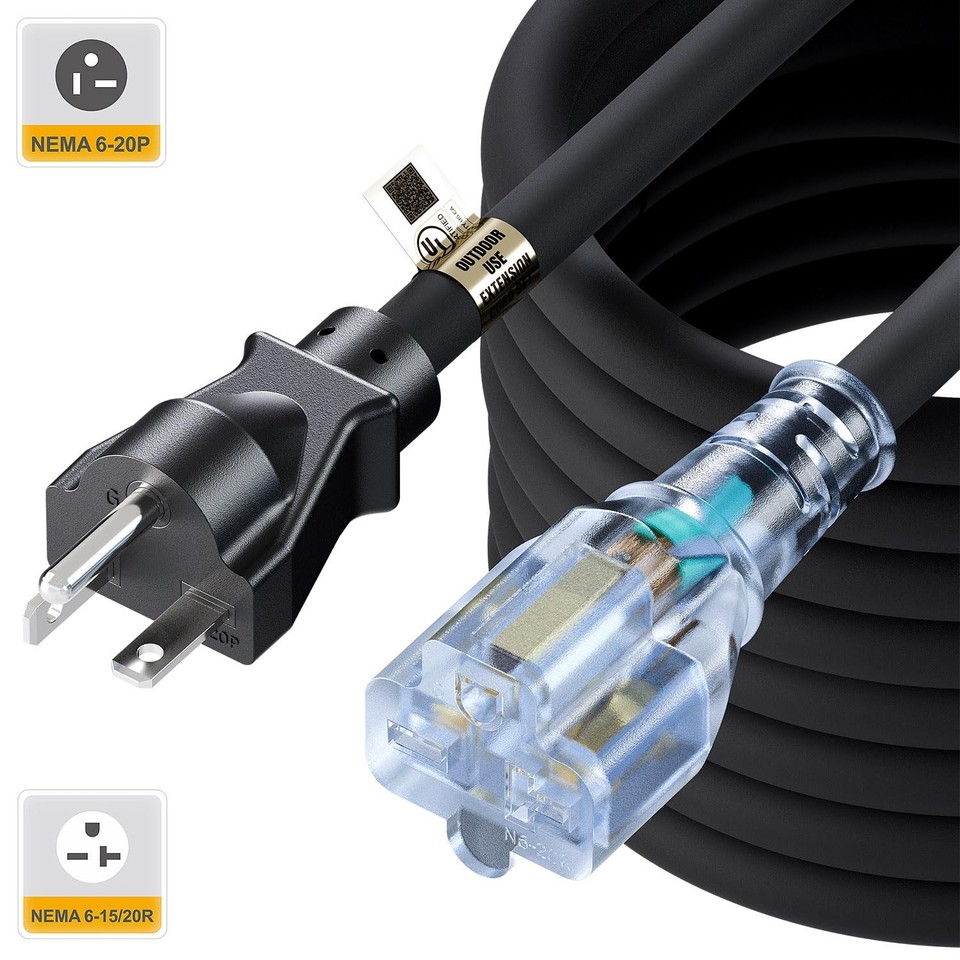 25-Feet (7.65 Meter) Long 20 Amp-250 Volt Nema 6-20P Extension Cord ...