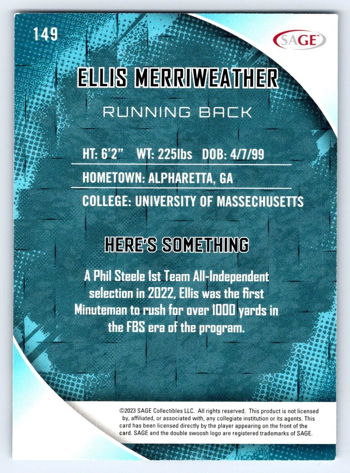 2023 SAGE High Series #149 Ellis Merriweather BLACK New Orleans Saints ...