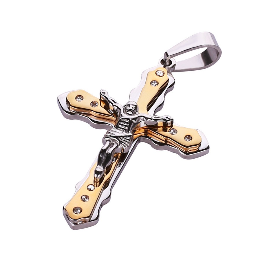 Christian Jesus Cross Crystal Pendant Necklace Stainless Steel Men ...