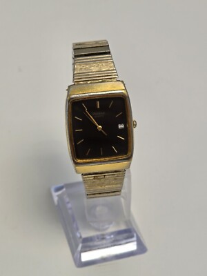 Mens Pulsar Gold Tone Tank Date Watch 28mm Case Black Dial V722-5A20 ...