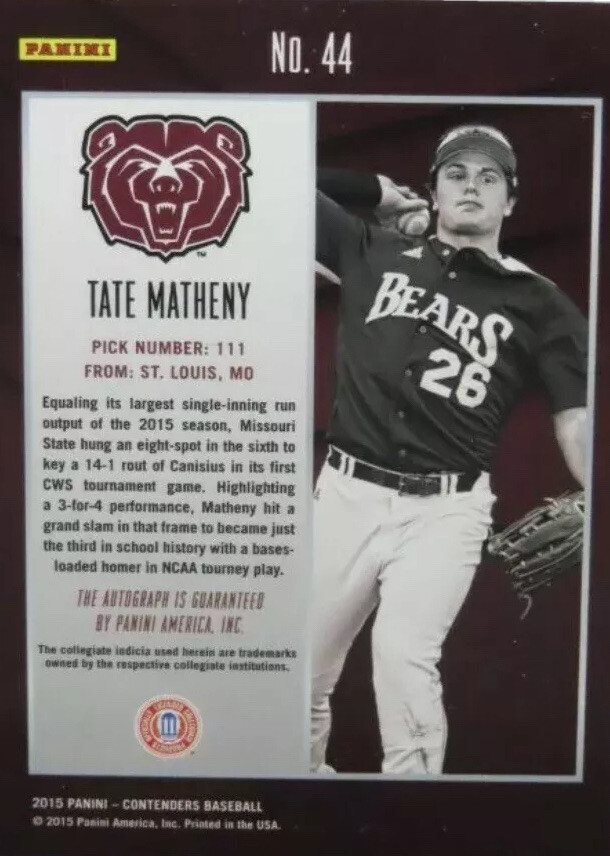 2015 Contenders Baseball Tate Matheny Draft Ticket Autograph Auto #68/ ...
